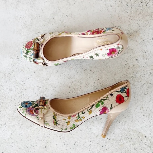 Gucci | Shoes | Gucci Bamboo Horsebit Floral Flora Shoes Pumps Heels ...